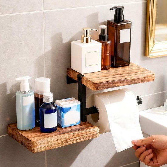 Wandgemonteerde WC-rolhouder met Houten Plank voor Opslag - Vintage ...