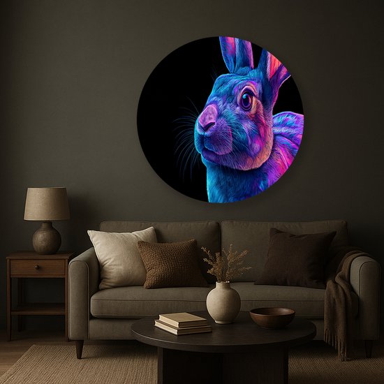 Neon konijn - Rond kunstwerk - Dibond muurcirkel - 40x40 cm | bol