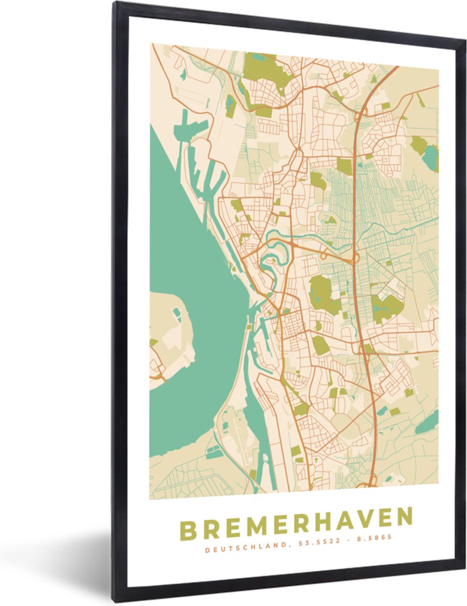 Fotolijst incl. Poster - Bremerhaven - Plattegrond - Kaart - Vintage ...