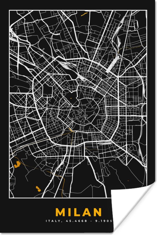 Poster Kaart - Milaan - Plattegrond - Goud - Stadskaart - 20x30 cm | bol