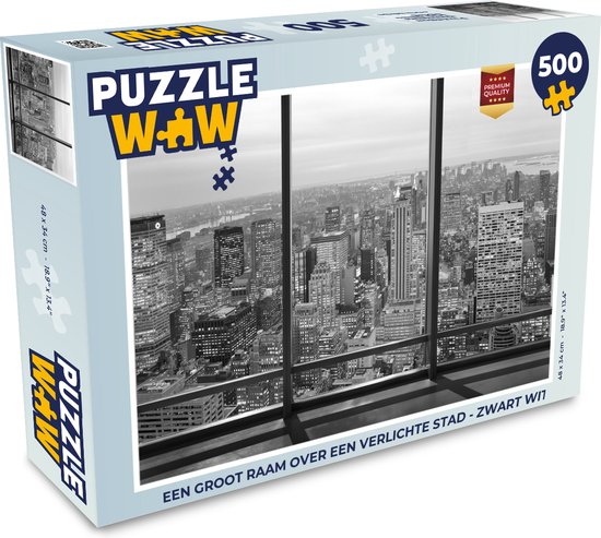 Puzzel Een groot raam over een verlichte stad - zwart wit - Legpuzzel ...