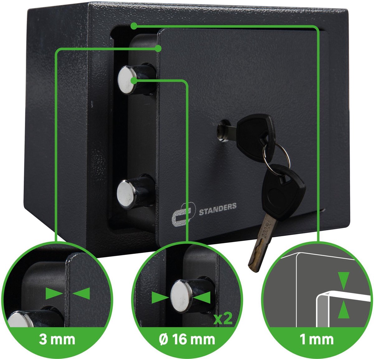 STANDERS - kluis met sleutelslot - 4L - 15 x 20 x 15 cm - muurkluis ...