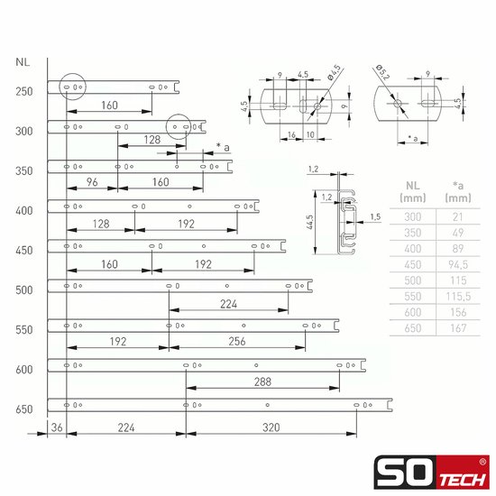 SOTECH 2 paar volledig uitschuifbare geleiders KV-50-H45-L700-NF 700 mm ...