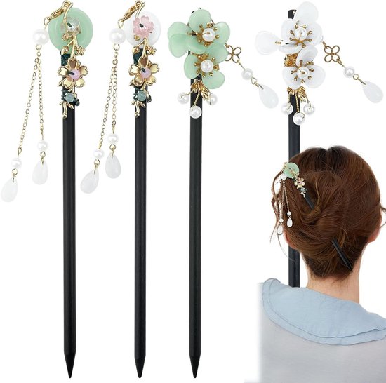 Set van 4 Chinese houten haarspelden met retro vlinderbloem ...