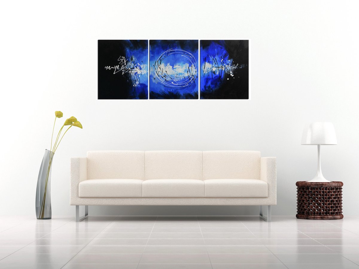 Schilderij abstract zwart blauw 3 luik 150 x 60 Handgeschilderd - Artello -... | bol.com