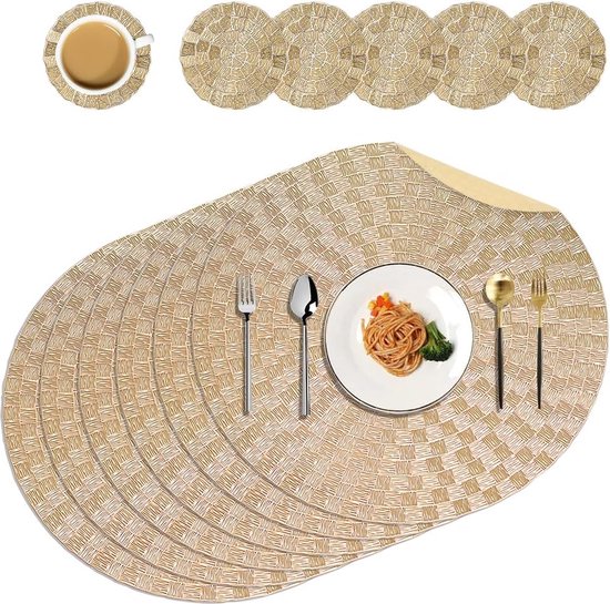 Ronde placemats, 6 gouden antislip placemats (38cm) en 6 ronde ...