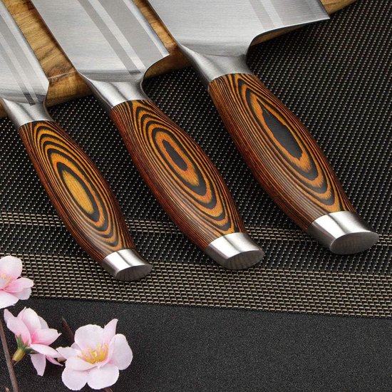 7-delige keukenmessenset met premium Pakkawood-handvat, Duitse stalen ...