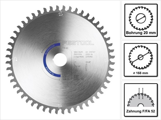 Festool Cirkelzaagblad voor Aluminium | Aluminium/Plastics | Ø 168mm Asgat 20mm 52T -... | bol