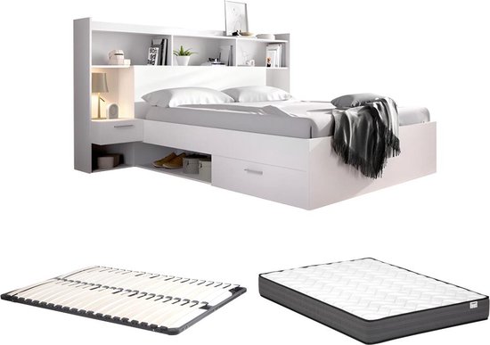 Bed met ingebouwde opbergvakken en nachtkastjes - 140 x 190 cm - Wit ...