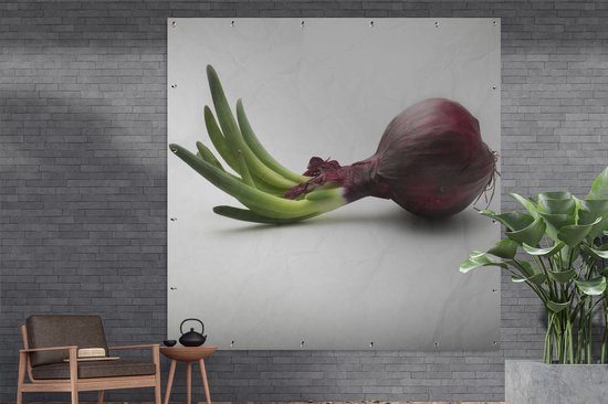 Tuin poster Groene stengel ontspringt uit de bloeiende rode ui ...