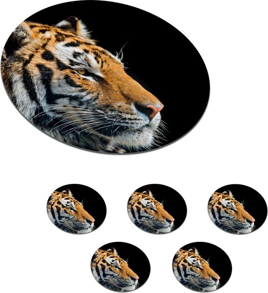Onderzetters voor glazen - Rond - een Siberische tijger op een zwarte achtergrond -... | bol.com