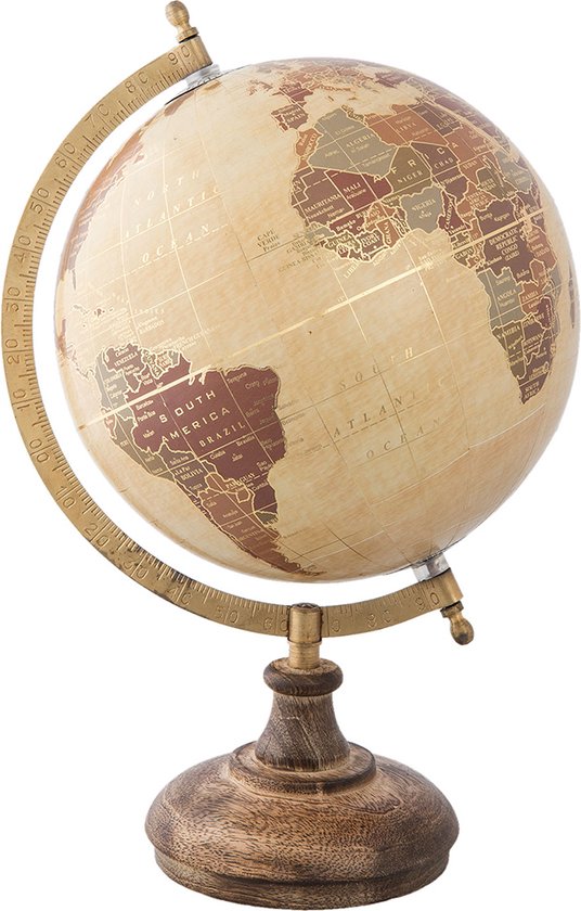 Clayre & Eef Wereldbol 22x20x33 cm Beige Bruin Hout Ijzer Rond Globe | bol
