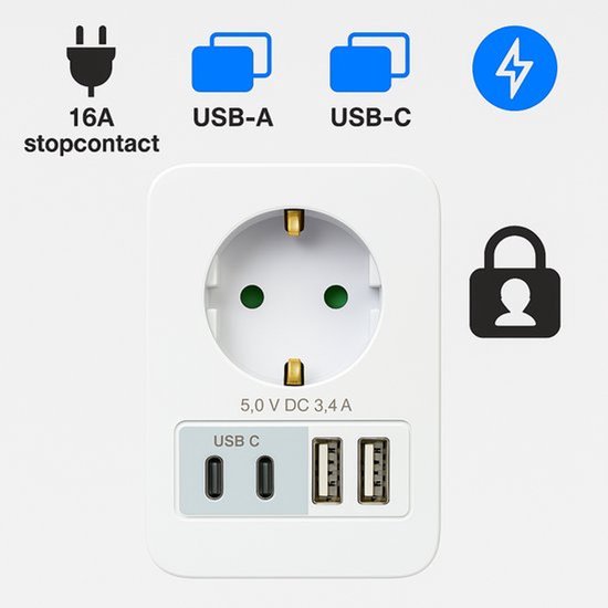 Narvie RA Stopcontact met 2 USB-A & 2 USB-C Poorten – Kinderbeveiliging – 5V 3.4A... | bol