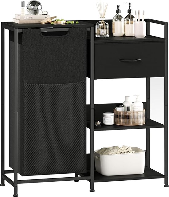Zwarte wasmand met stoffen lade en planken – Uittrekbare en ...