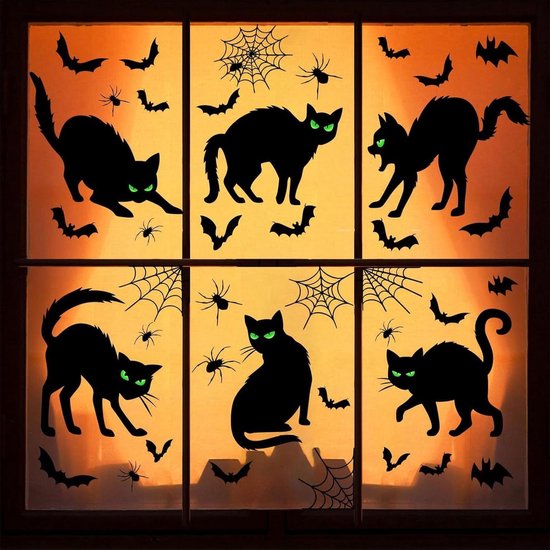 Ronte - Halloween raamstickers - 6 vellen - vleermuis, kat, spin ...