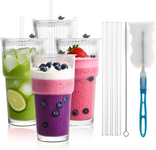 Geribbelde glazen bekers met deksel en rietje - Set van 4 - 600 ml ...
