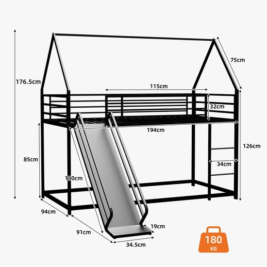 Sweiko Hoogslaper - 90x190 cm - Met glijbaan - Huisvormig - Metalen ...