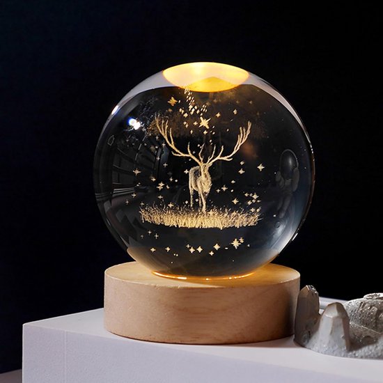 3D Kristallen Bol met LED Licht en Houten Sokkel Nachtlampje Decoratie ...