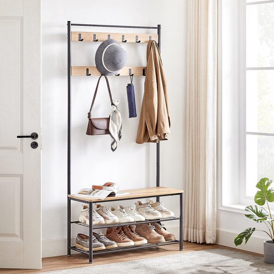 3-in-1 Kapstok met Bankje en Schoenenrek, Metaal en Houtlook | bol