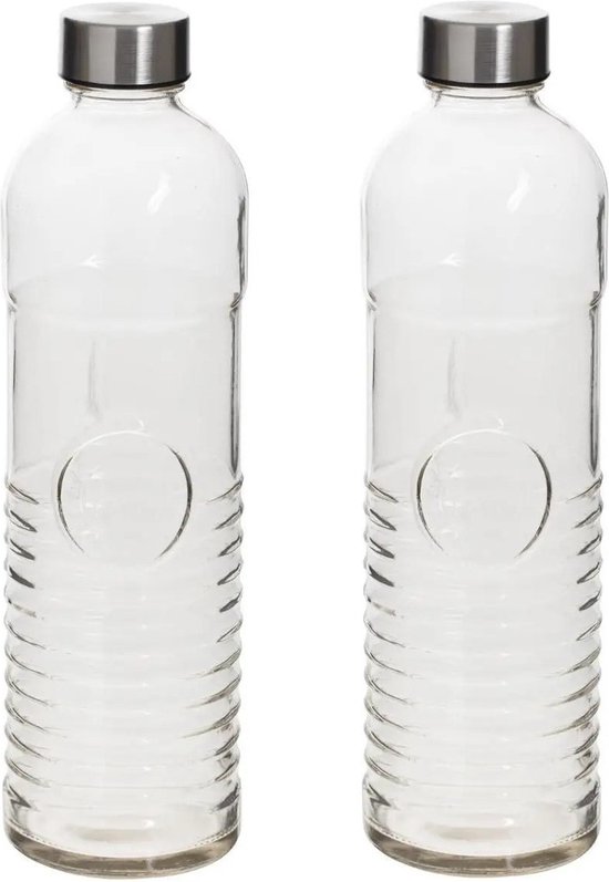 Waterflessen/drinkflessen - 2x - D8 x H29 cm - 1 liter - ribbel glas | bol
