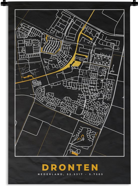 Wandkleed - Wanddoek - Dronten - Black and Gold - Stadskaart - Kaart ...