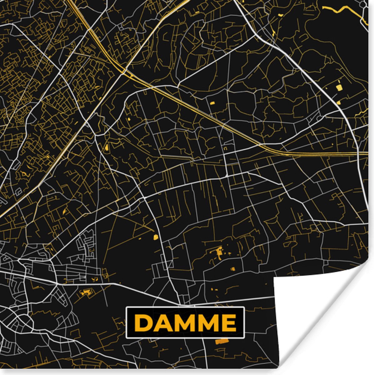 Poster Black & gold - Stadskaart - Plattegrond - Damme - Kaart - 50x50 ...