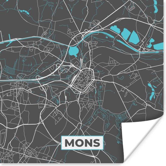 Poster België – Mons – Stadskaart – Kaart – Blauw – Plattegrond - 50x50 ...