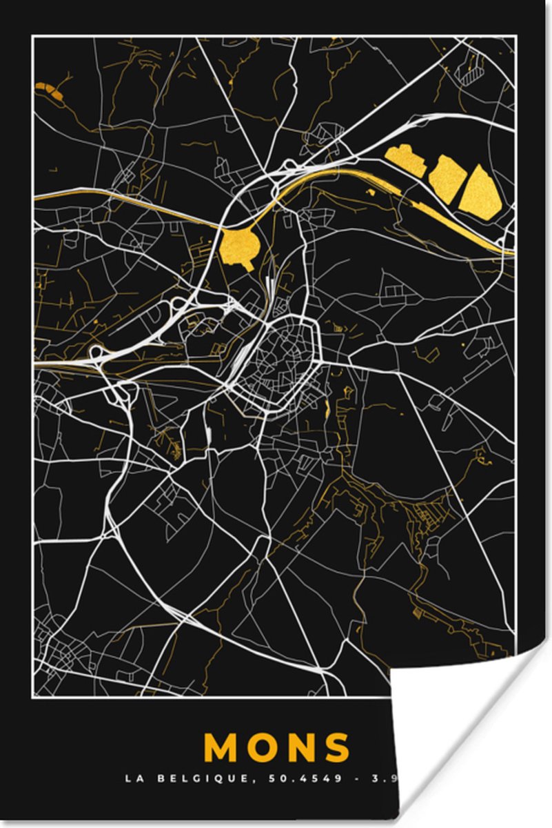 Poster Mons - Black & gold - Stadskaart - Plattegrond - Kaart - 20x30 ...