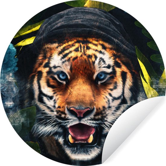 WallCircle - Muurstickers - Behangcirkel - Tijger - Bloemen - Blauw - ⌀ 30 cm -... | bol