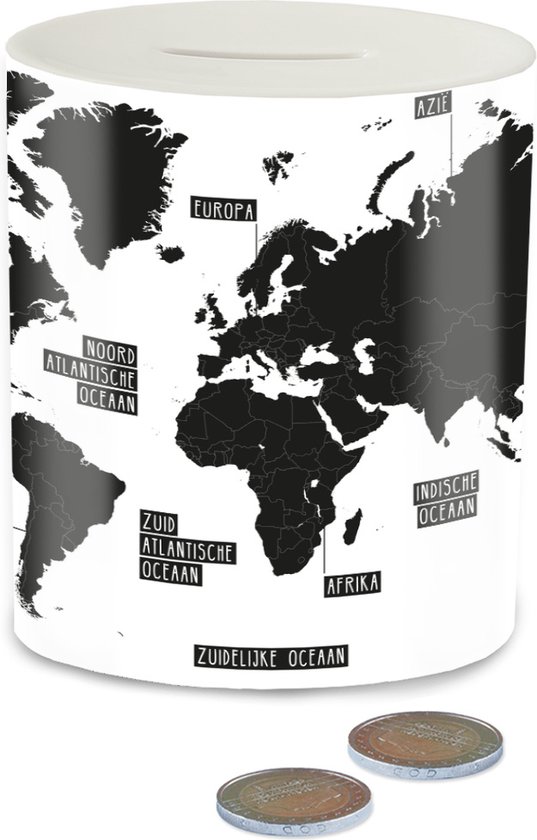 Spaarpot - Spaarblik - Wereldkaart - Topografie - Zwart - Spaarpotten ...