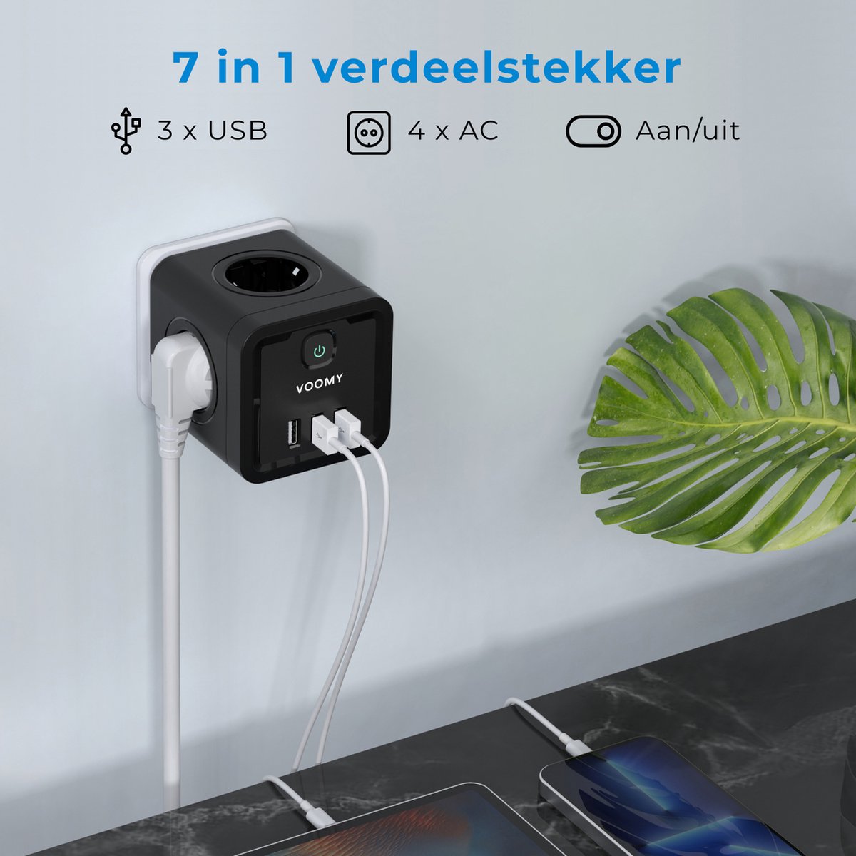 Voomy Cube Verdeelstekker 7-Voudig - Stopcontact Splitter - 3 USB ...