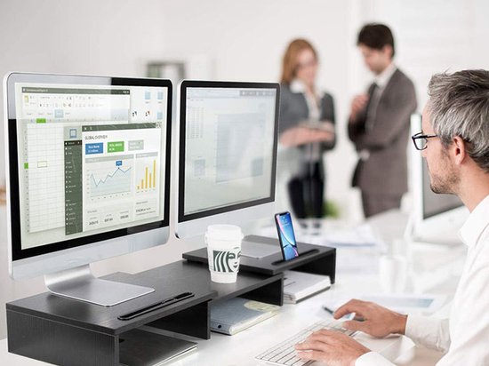 Houten dual monitor standaard - zwart - desk organizer - monitor ...