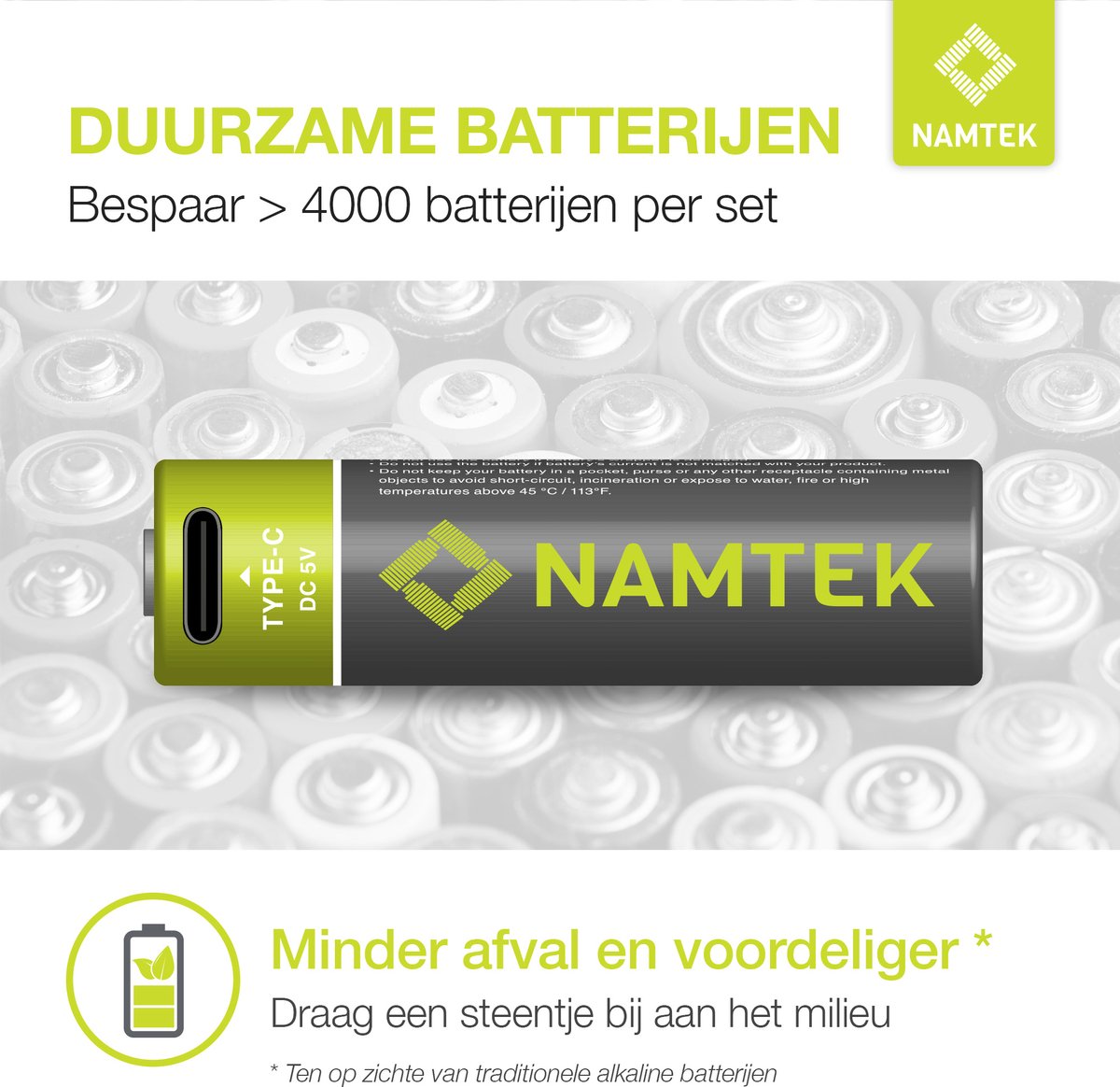Namtek Oplaadbare batterijen AA 1,5 Volt 2600 mWh met USB Type-C Kabel ...