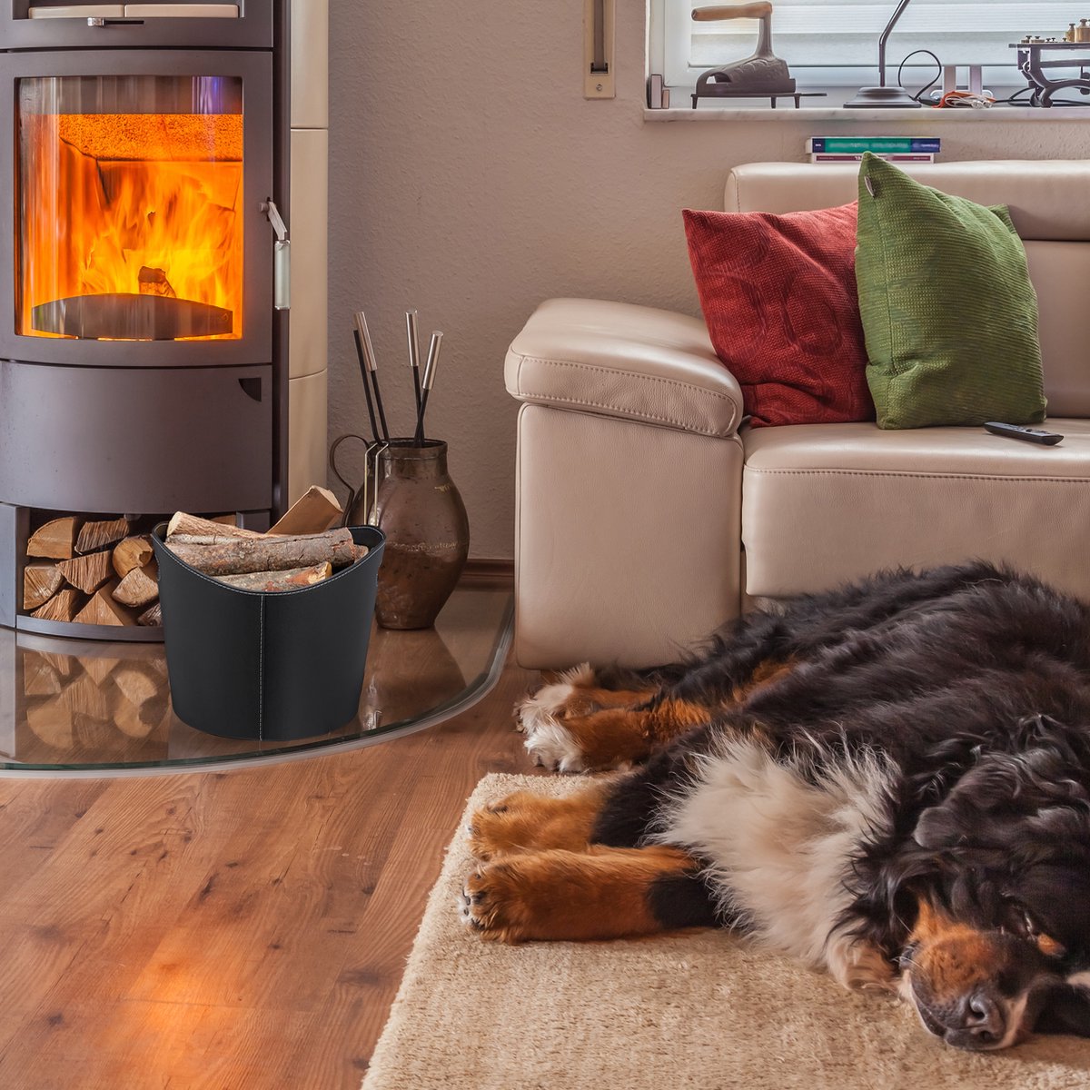 Relaxdays 1x houtmand kunstleer - haardhout mand zwart - opbergmand ...