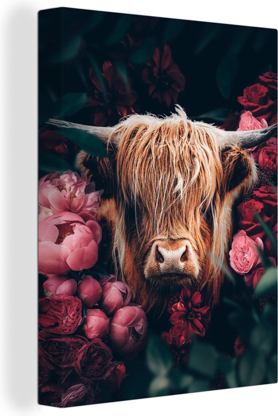 Tableau Peinture Vache - Highlander écossais - Fleurs - botanique ...