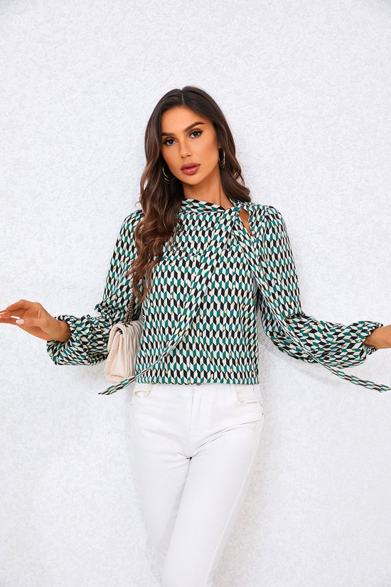 Geo Print Blouse Top met Strik aan de Zijkant in Groen | bol