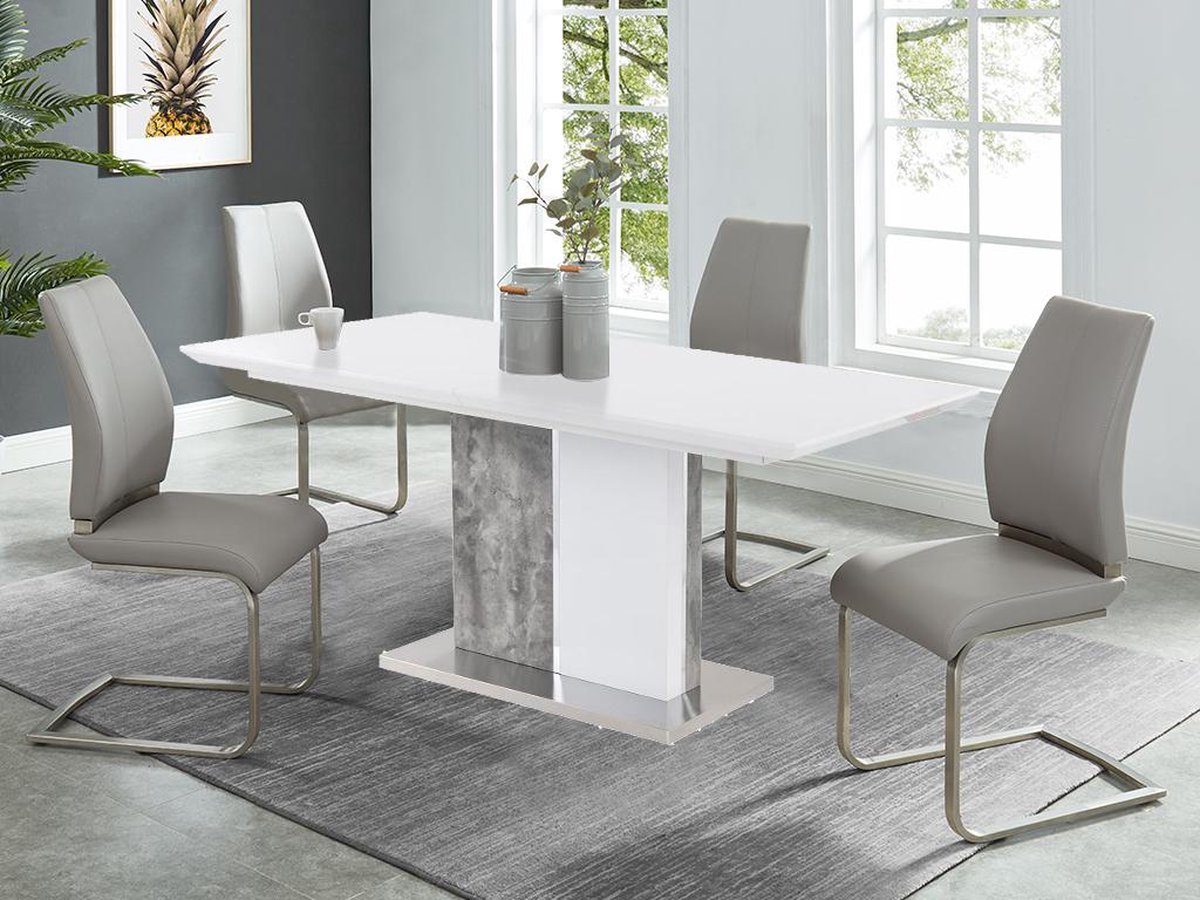 Set eettafel EREN + 4 stoelen SALMA - Witgelakt en grijs L 200 cm x H ...