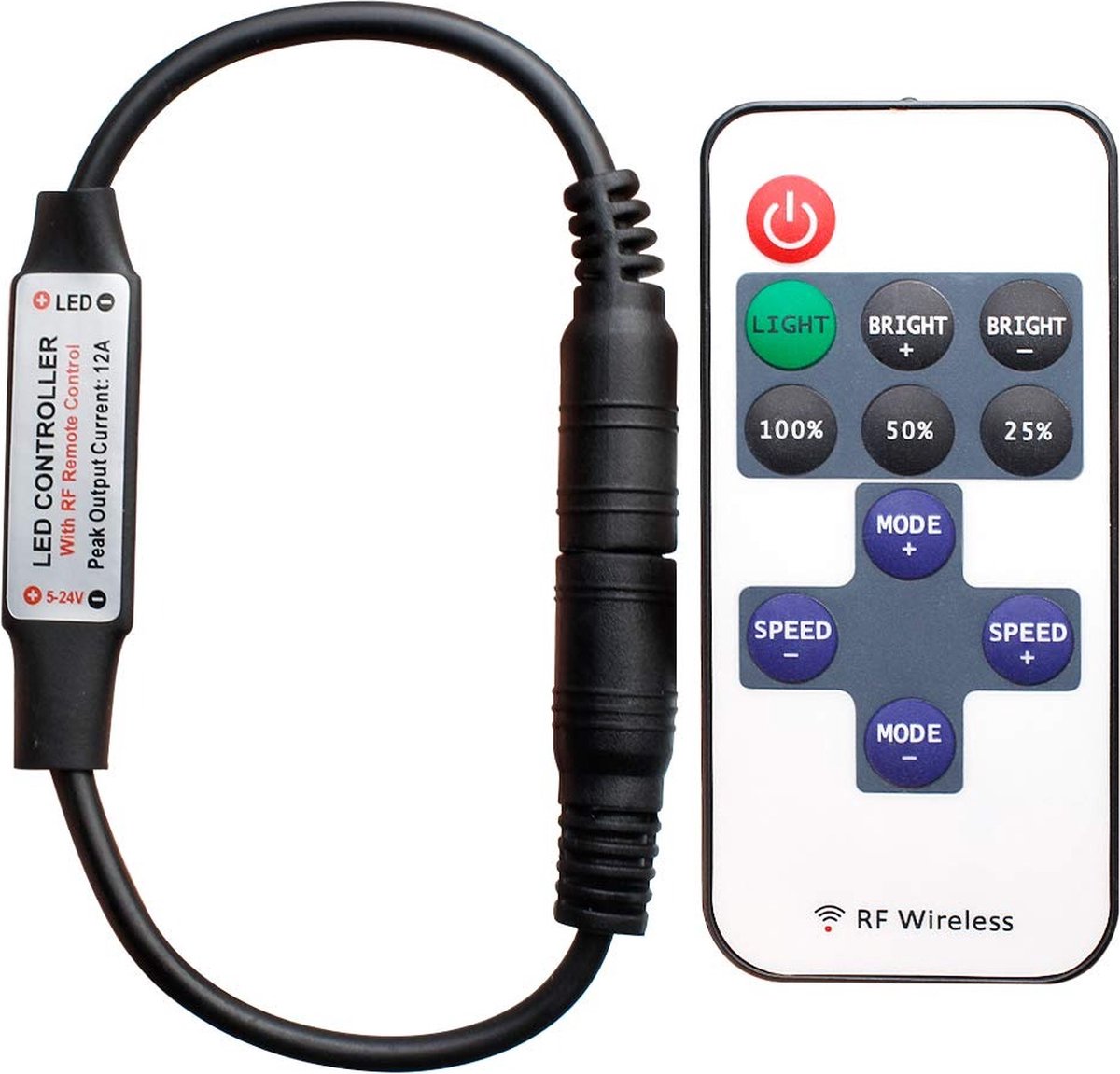 LED RF dimmer - 5 tot 24V - 2,1 x 5,5mm plug - Met afstandsbediening ...