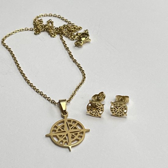 Wellness-House | RVS Ketting Oorbel-set Kompas Goud | Innerlijk Kompas ...