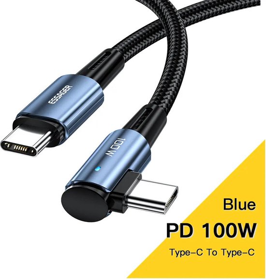 Essager 90° 100W USB-C Snellaad Kabel met Haakse Hoek 5A 1M Blauw | bol