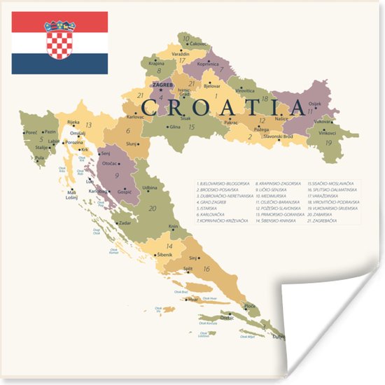 Poster Kaart van Kroatië met de belangrijke steden en gebieden ...
