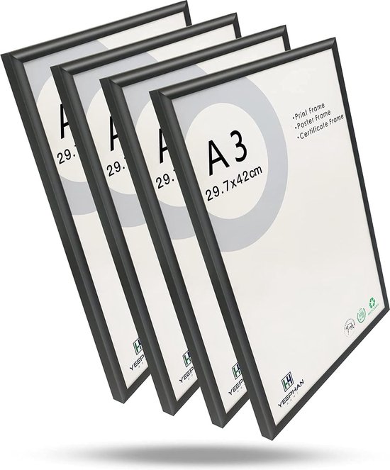 Fotolijst A3 metaal aluminium set van 4 met kunststof glazen voorkant ...