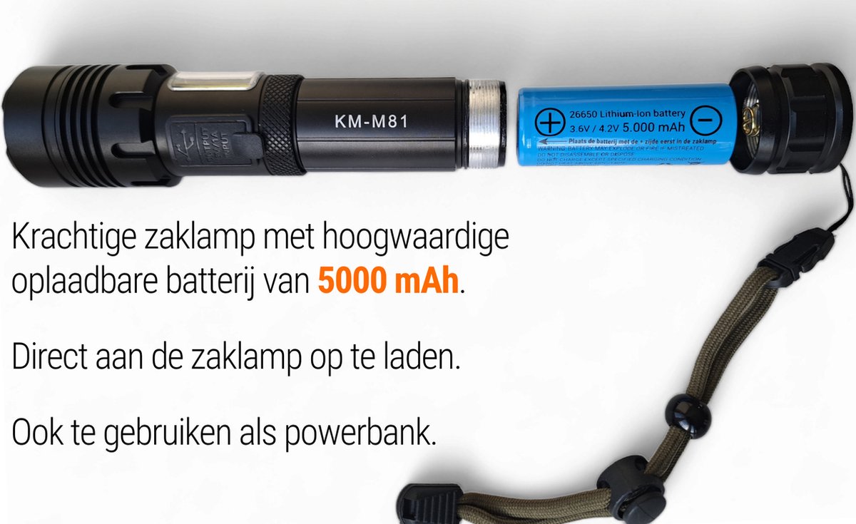 Led Zaklamp 5000 mAh - Oplaadbaar - Zeer fel - King Mungo KM-M81 | bol