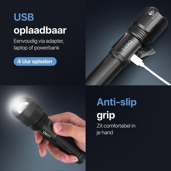 LUSQ® Led Zaklamp - Oplaadbaar - 5W - IP46 Waterdicht - 350 meter - 1500 oplaadbare... | bol