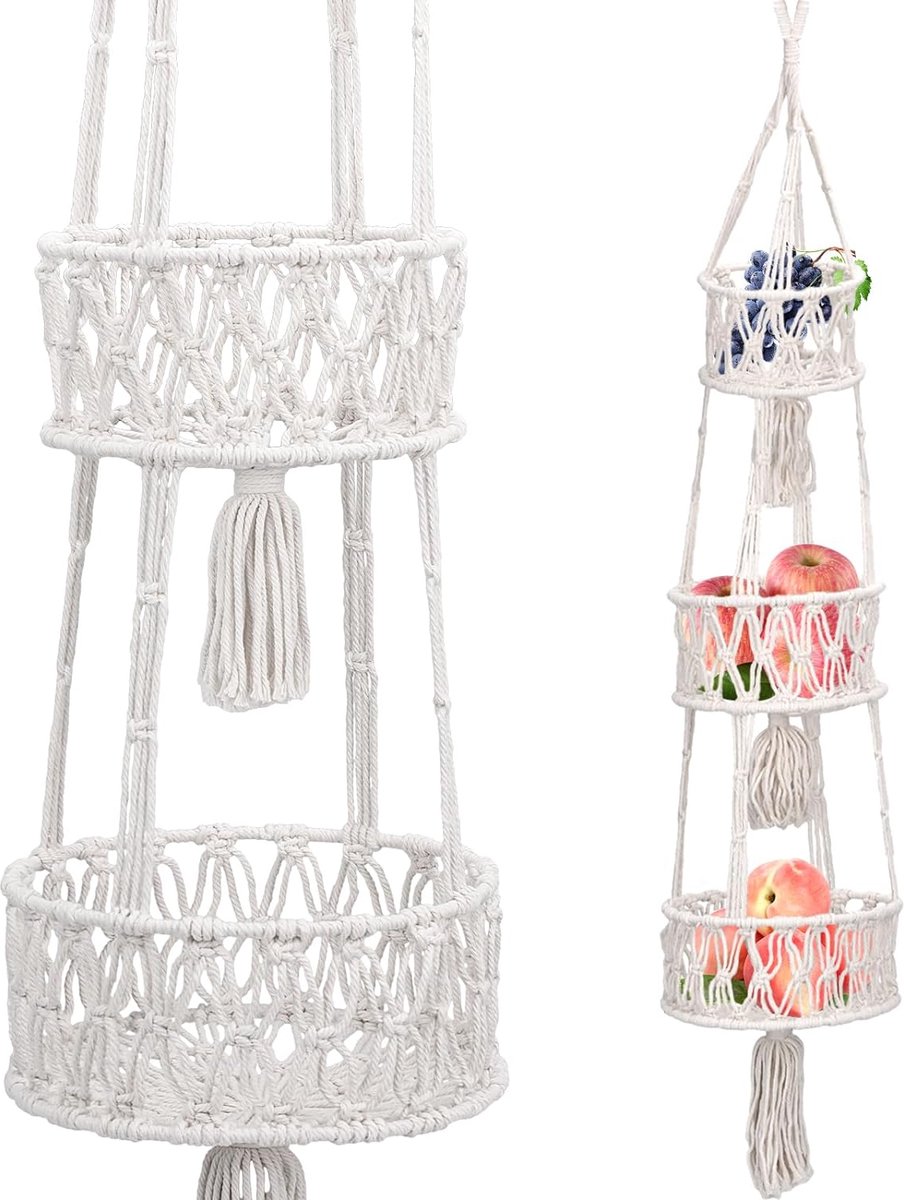 Hangende fruitmand met 3 verdiepingen, voor keuken, macramé, gevlochten hangmand voor... | bol