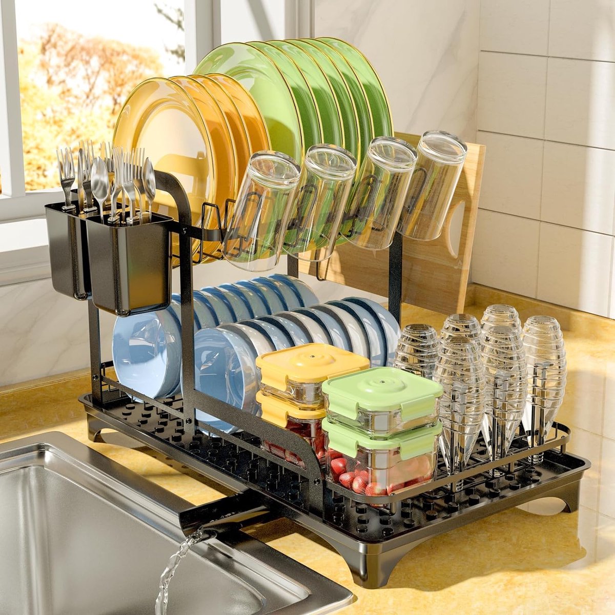 Grote capaciteit afdruiprek 2-traps afdruiprek met lekbak anti-roest ...