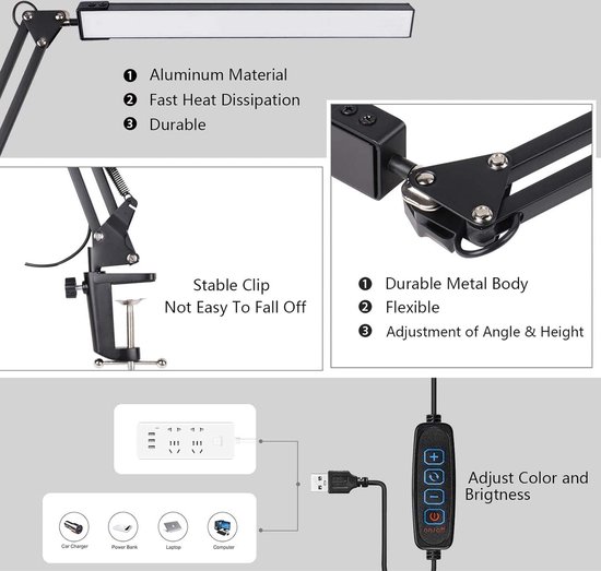 DiverseGoods LED Bureaulamp met Klem - Oogbeschermende LED Lamp - Multi ...
