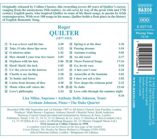 Lisa Milne, Anthony Rolfe Johnson, Graham Johnson, Duke Quartet ...