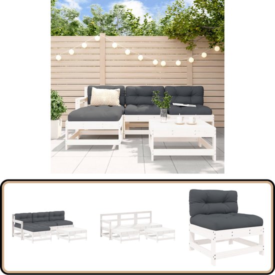 vidaXL Loungeset - 5-delig - Massief hout - Wit Loungeset - Tuinset ...