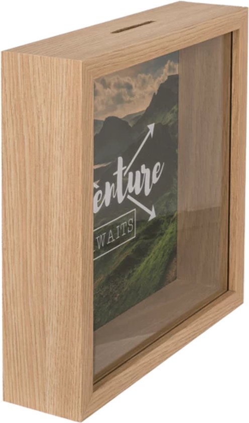 spaarpot met wereldkaart " travel the world " . 15x5cm. Hout /glas | bol